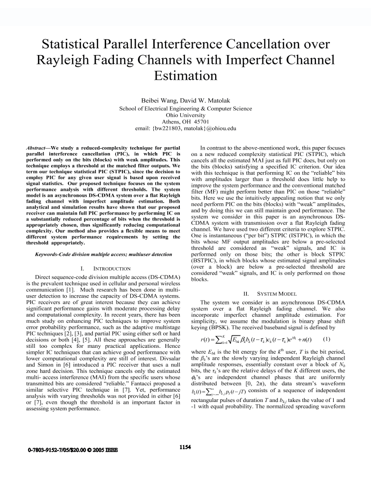 Statistical parallel interference cancellation over rayleigh fading channels with imperfect ...