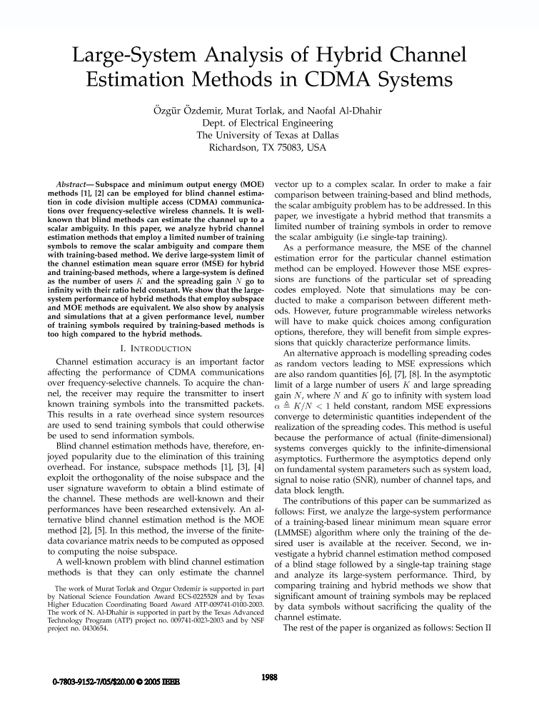 Large-system analysis of hybrid channel estimation methods in CDMA ...