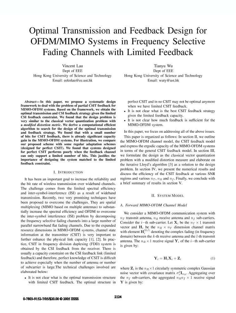 Optimal transmission and feedback design for OFDM/MIMO systems in frequency selective fading ...