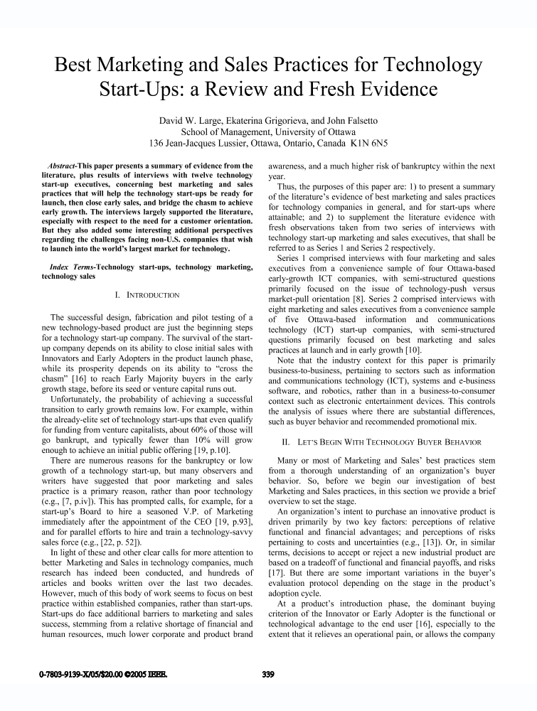 Best marketing and sales practices for technology start-ups: a review ...