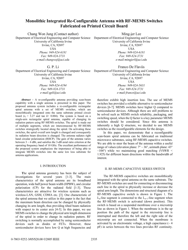 Monolithic integrated re-configurable antenna with RF-MEMS switches ...