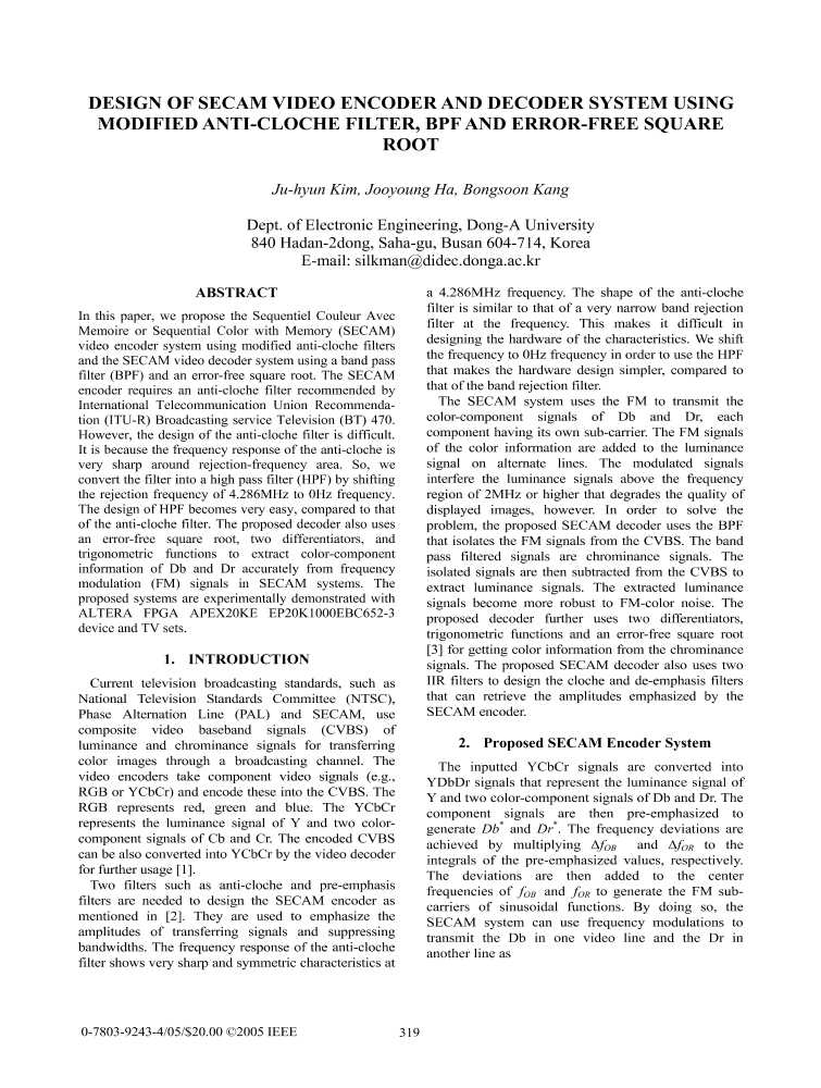 Design of secam video encoder and decoder system using modified anti ...