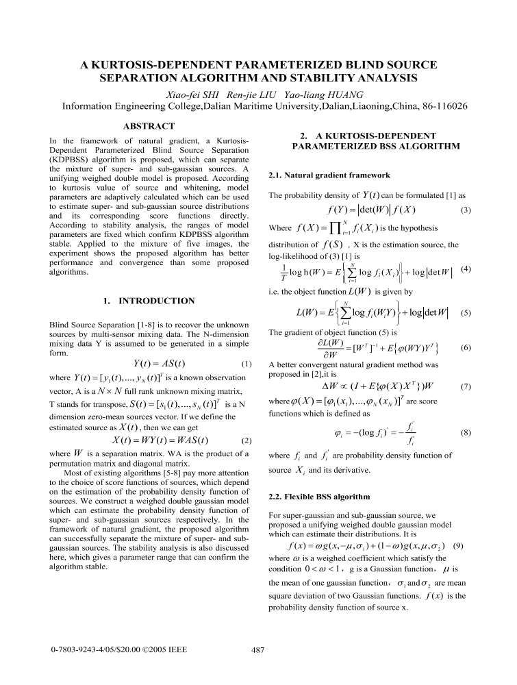 A kurtosis-dependent parameterized blind source separation algorithm and stability analysis ...