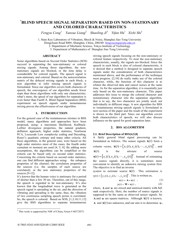Blind speech signal separation based on non-stationary and colored characteristics | IEEE ...