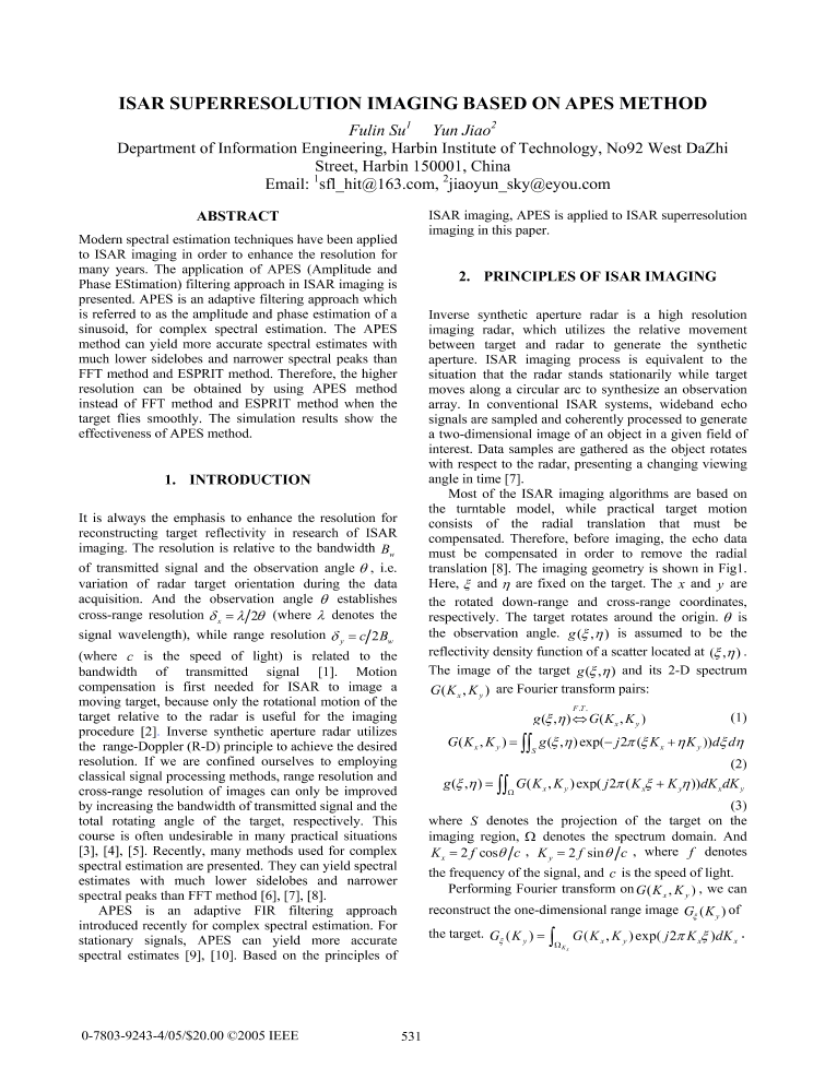 ISAR superresolution imaging based on APES method | IEEE Conference ...