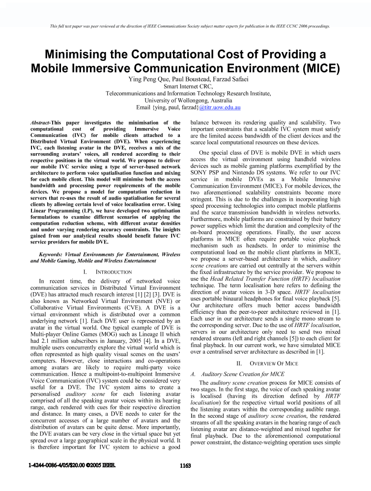 Minimising the computational cost of providing a mobile immersive ...