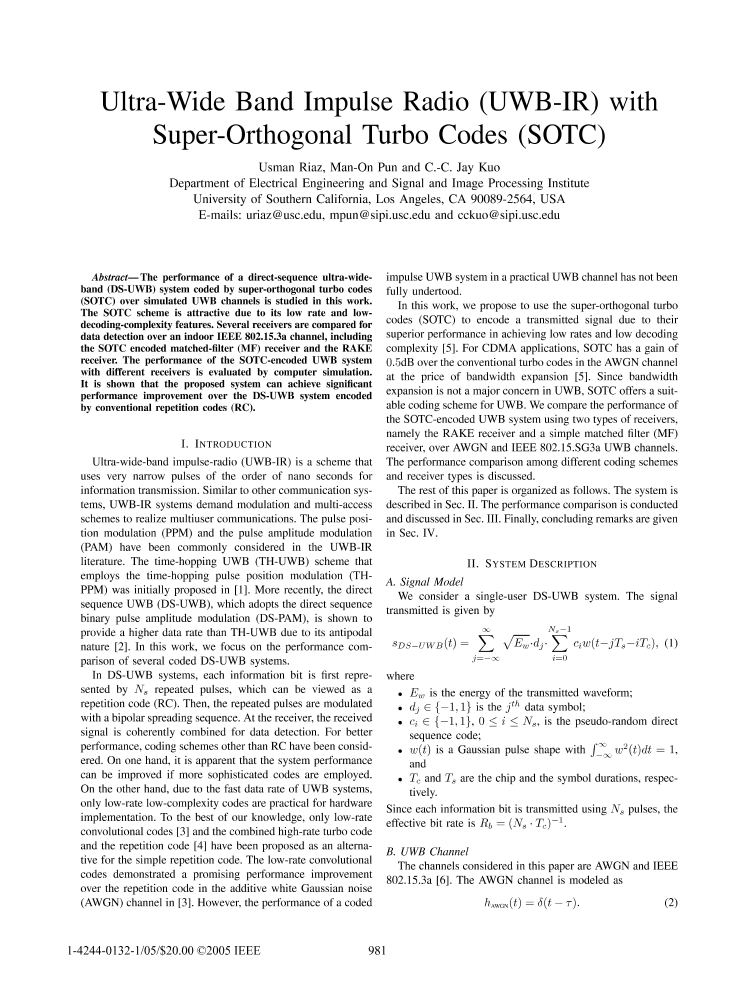 Ultra-Wide Band Impulse Radio (UWB-IR) with Super-Orthogonal Turbo ...