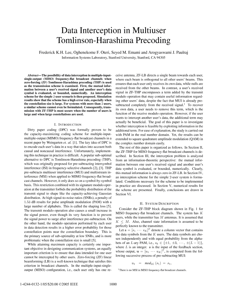 Data Interception in Multiuser Tomlinson-Harashima Precoding | IEEE ...
