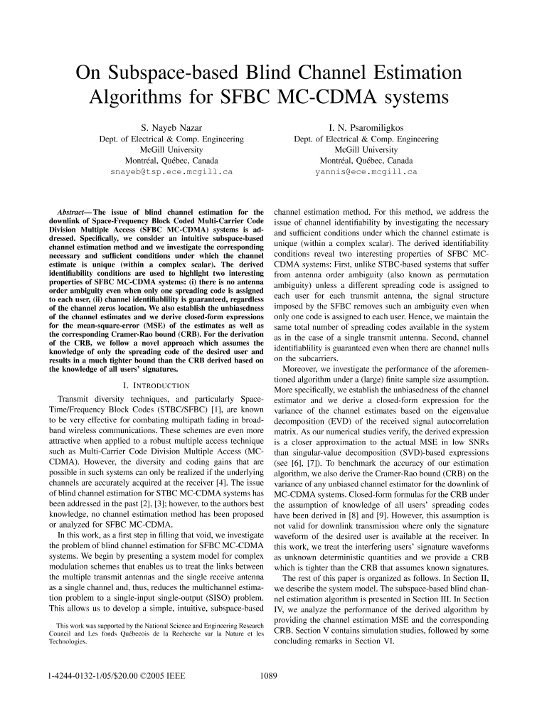 On Subspace-based Blind Channel Estimation Algorithms for SFBC MC-CDMA systems | IEEE Conference ...