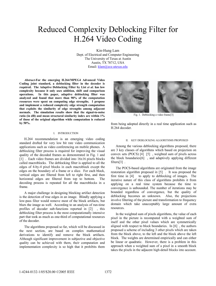 Reduced Complexity Deblocking Filter for H.264 Video Coding | IEEE ...