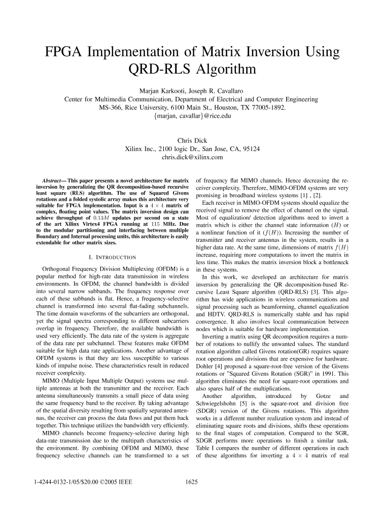 FPGA Implementation of Matrix Inversion Using QRD-RLS Algorithm | IEEE Conference Publication ...
