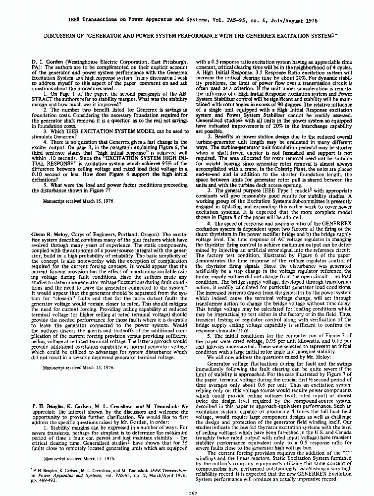 Discussion of "Generator and power system performance with the GENERREX ...