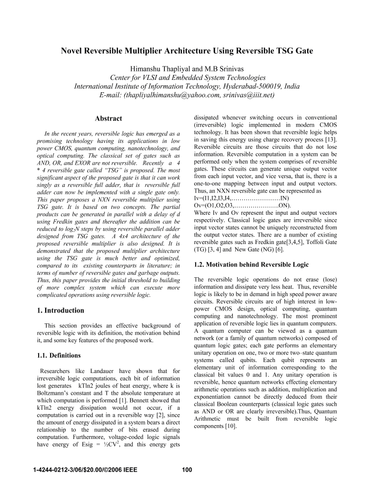 Novel Reversible Multiplier Architecture Using Reversible TSG Gate ...