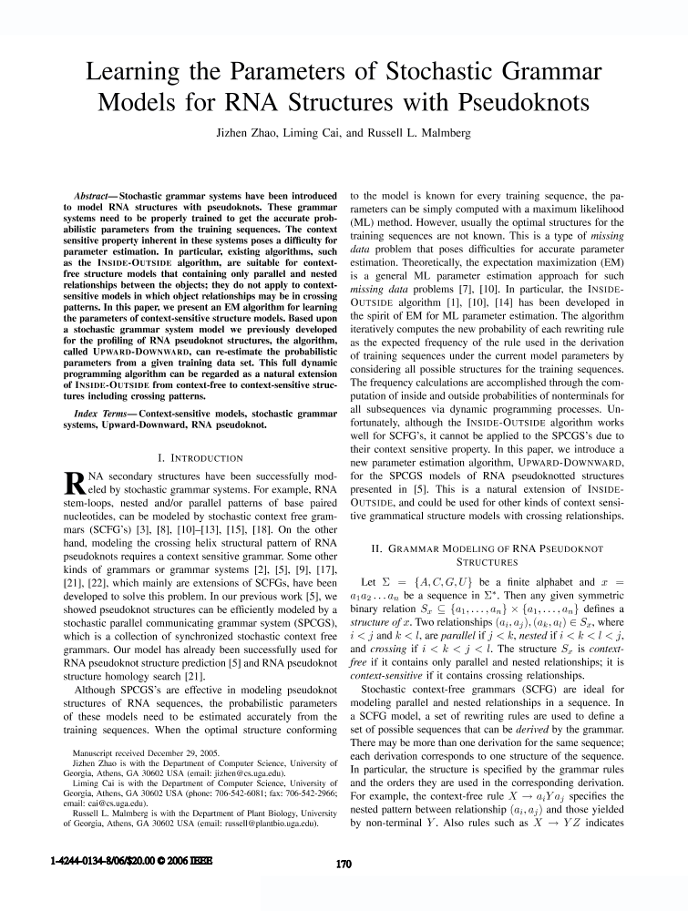Learning the Parameters of Stochastic Grammar Models for RNA Structures ...
