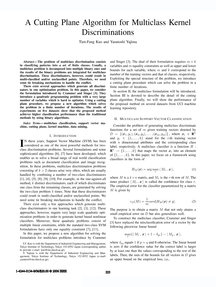 A cutting plane algorithm for multiclass kernel discriminations | IEEE Conference Publication ...