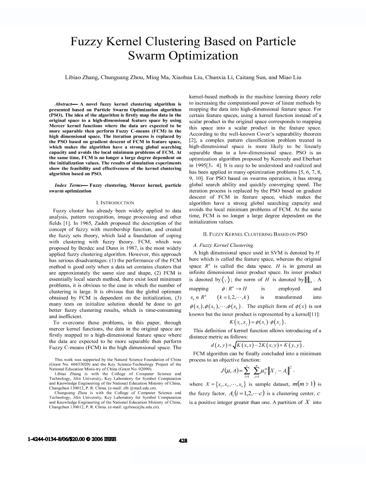Fuzzy kernel clustering based on particle swarm optimization | IEEE Conference Publication ...