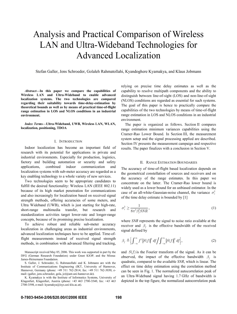 Analysis and Practical Comparison of Wireless LAN and Ultra-Wideband Technologies for Advanced ...