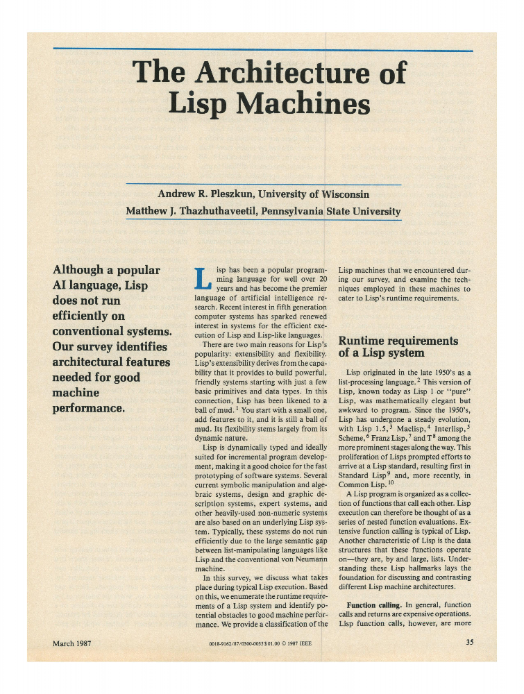 The Architecture of Lisp Machines | IEEE Journals & Magazine | IEEE Xplore