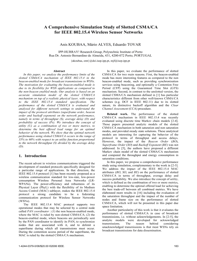A comprehensive simulation study of slotted CSMA/CA for IEEE 802.15.4 ...