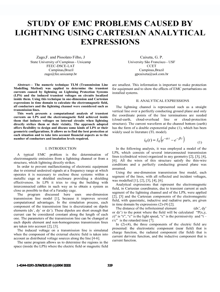 Study of emc problems caused by lightning using cartesian analytical ...