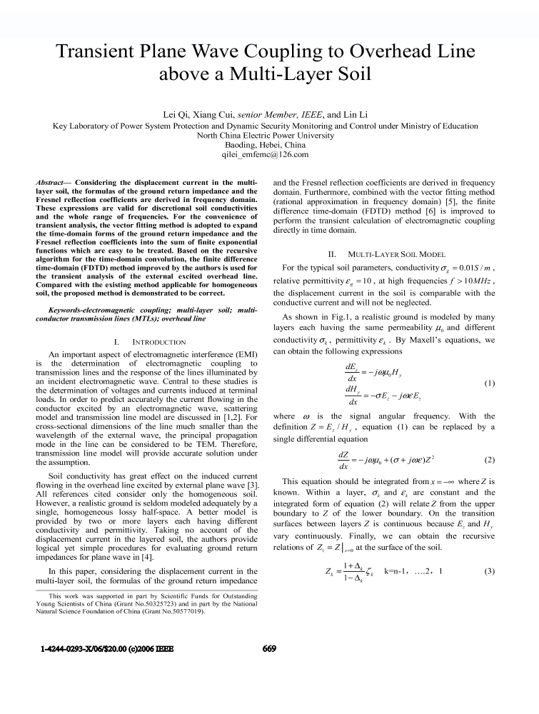 Transient plane wave coupling to overhead line above a multi-layer soil lei qi, xiang cui ...