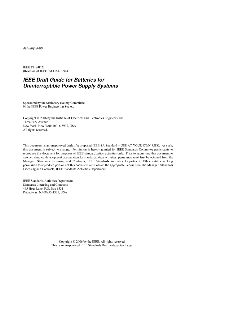 P1184/D21 - Approved IEEE Draft Guide for Batteries for Uninterruptible ...