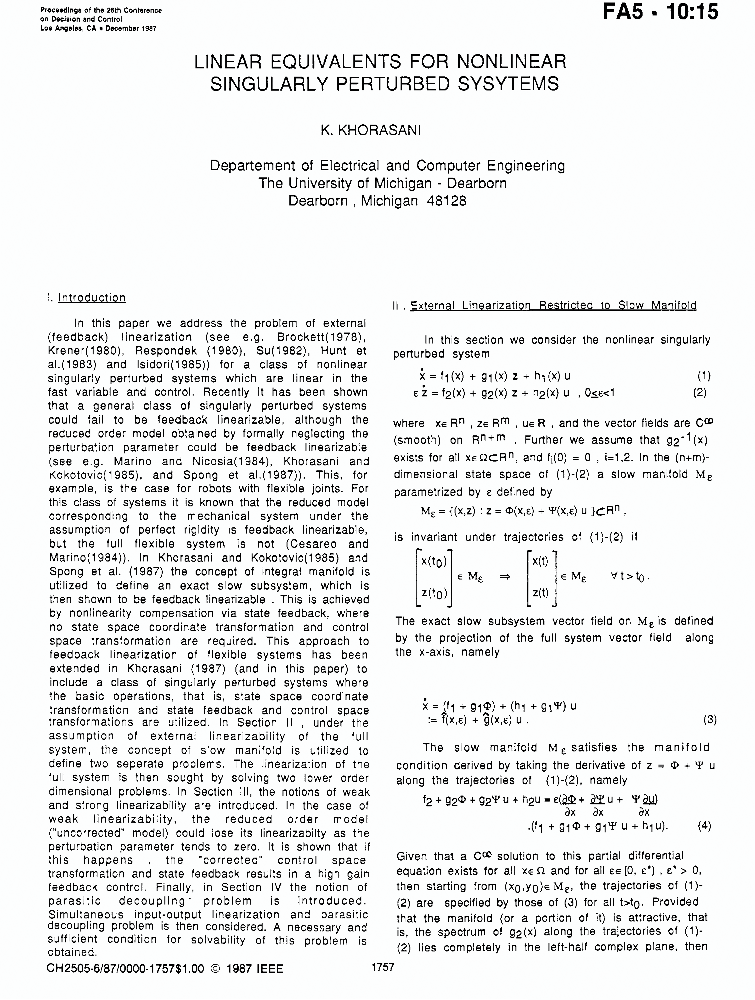 Linear equivalents for nonlinear singularly perturbed systems | IEEE Conference Publication ...