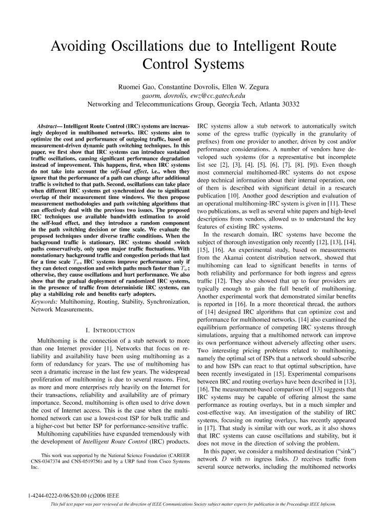 Avoiding Oscillations Due To Intelligent Route Control Systems Ieee