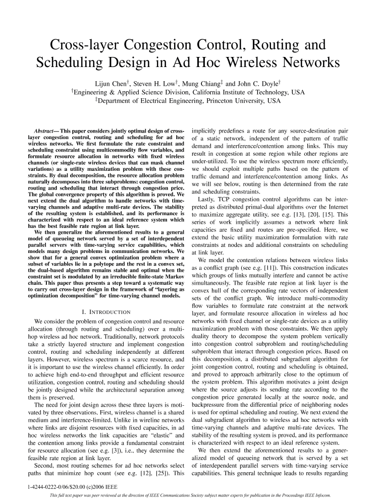 Cross-Layer Congestion Control, Routing and Scheduling Design in Ad Hoc Wireless Networks | IEEE ...