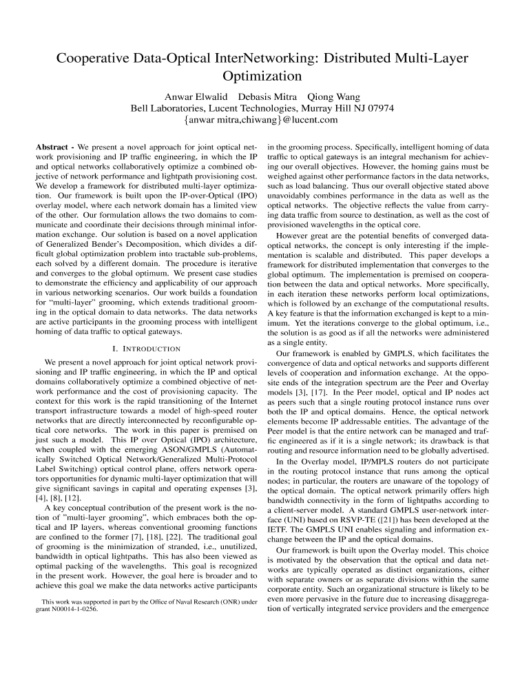 Cooperative Data-Optical InterNetworking: Distributed Multi-Layer Optimization | IEEE Conference ...