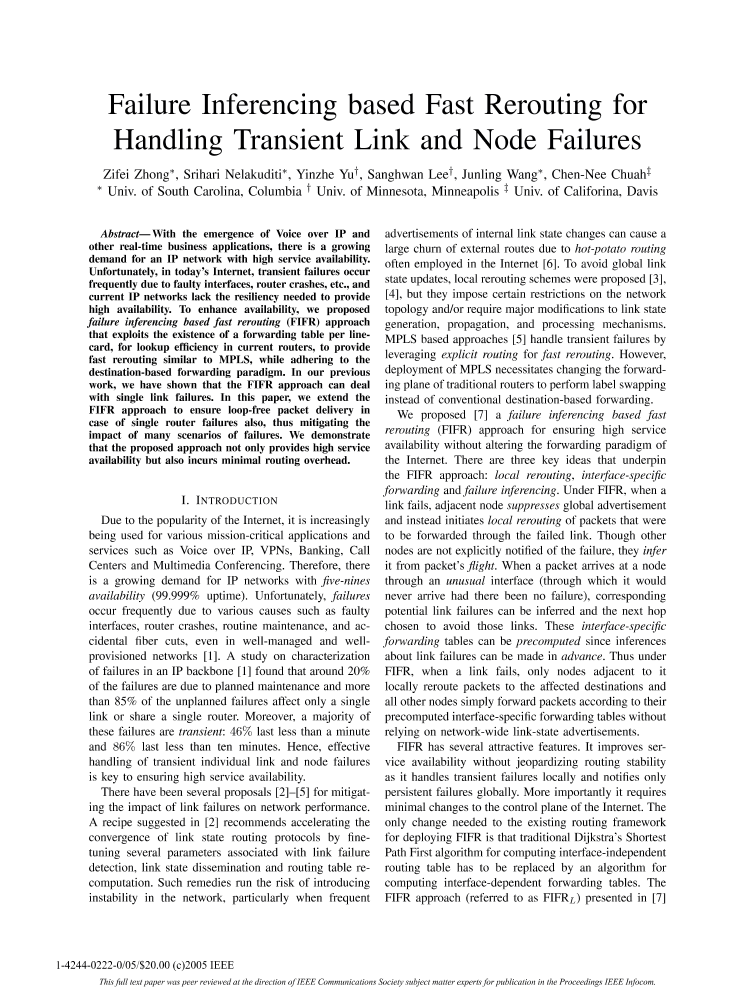Failure Inferencing Based Fast Rerouting for Handling Transient Link and Node Failures | IEEE ...