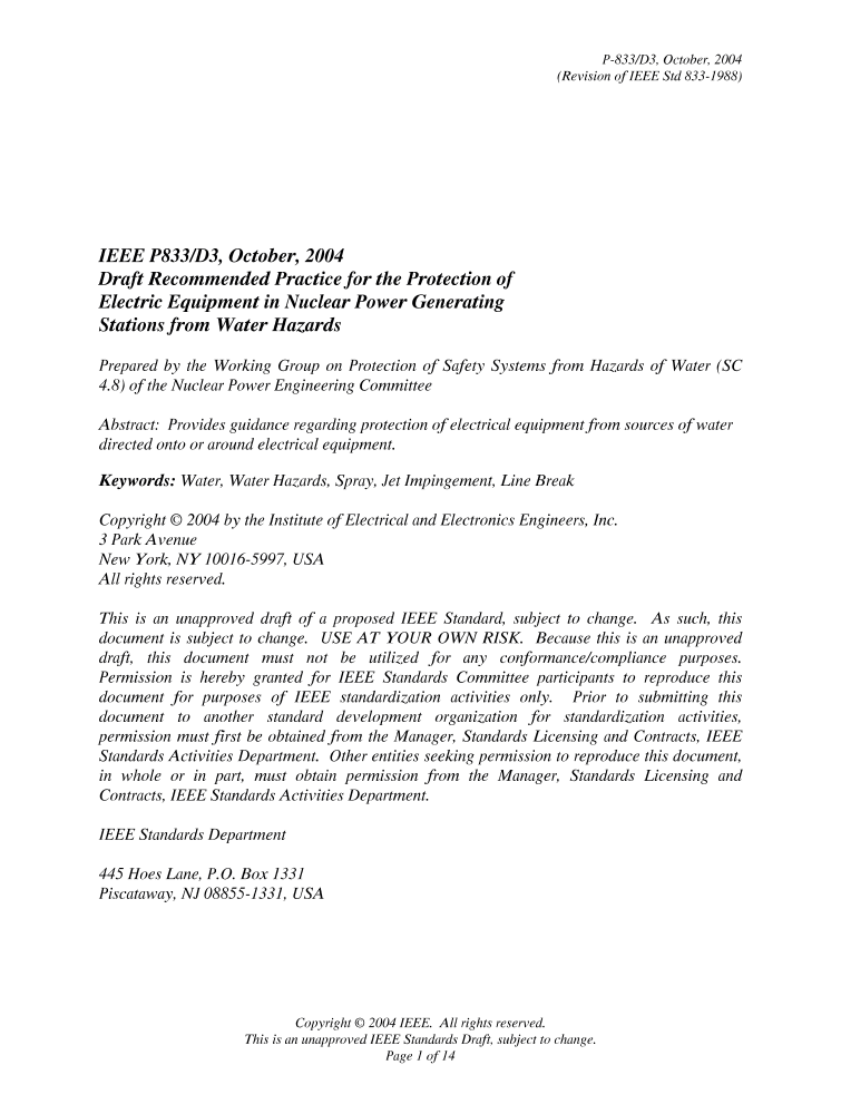 P833/D3, Oct 2004 - IEEE Draft Recommended Practice for the Protection ...