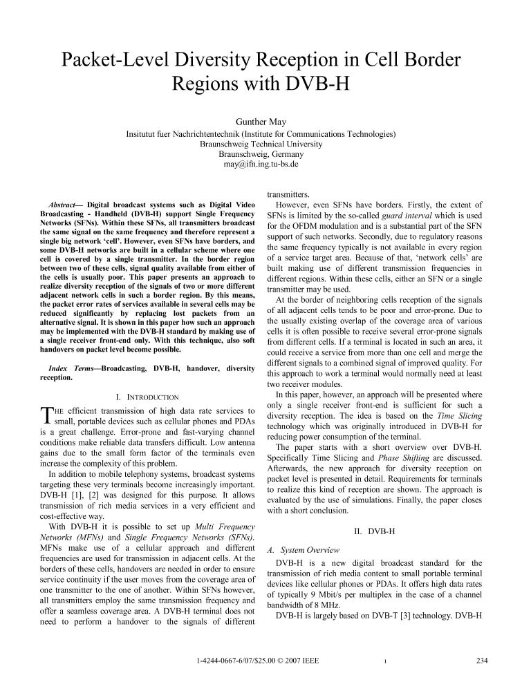 Packet-Level Diversity Reception in Cell Border Regions with DVB-H ...