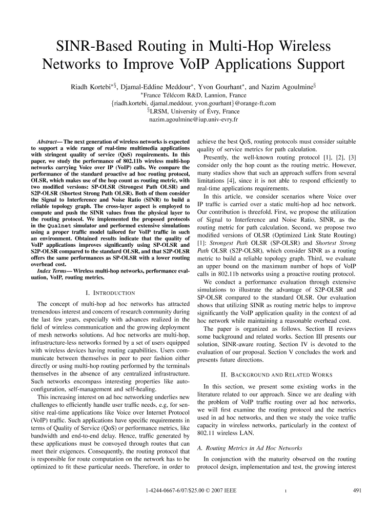 SINR-Based Routing in Multi-Hop Wireless Networks to Improve VoIP Applications Support | IEEE ...