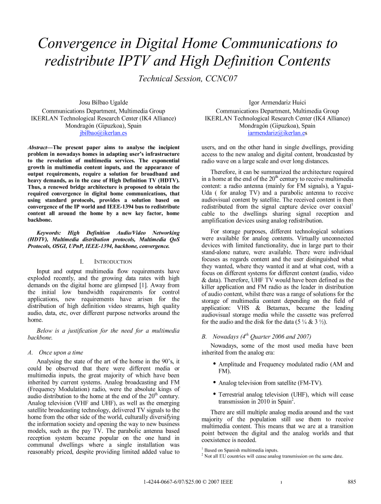 Convergence in Digital Home Communications to Redistribute IPTV and High Definition Contents ...