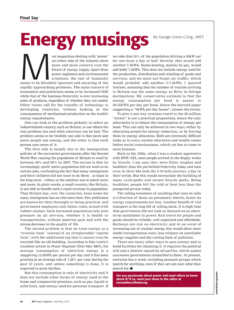 Energy musings [Final Say] | IET Journals & Magazine | IEEE Xplore