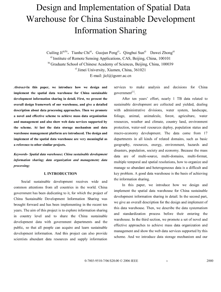 Design and Implementation of Spatial Data Warehouse for China Sustainable Development ...