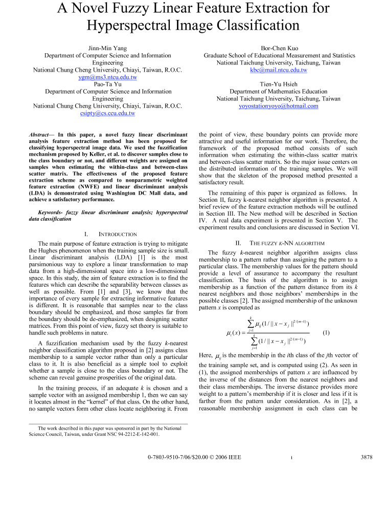A Novel Fuzzy Linear Feature Extraction for Hyperspectral Image Classification | IEEE Conference ...