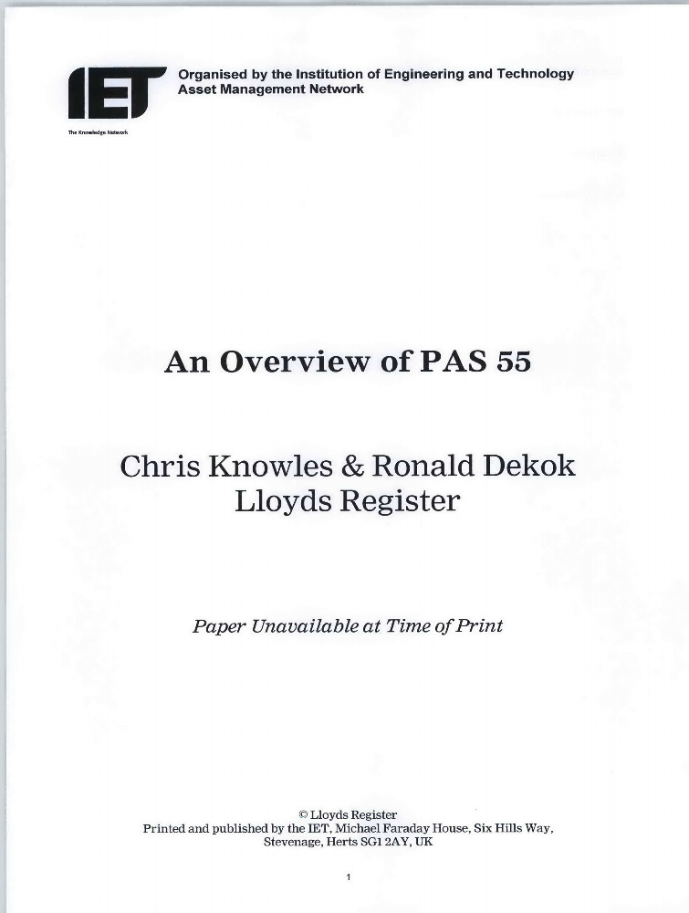 An Overview of PAS 55 - Paper Unavailable at Time of Print | IET ...
