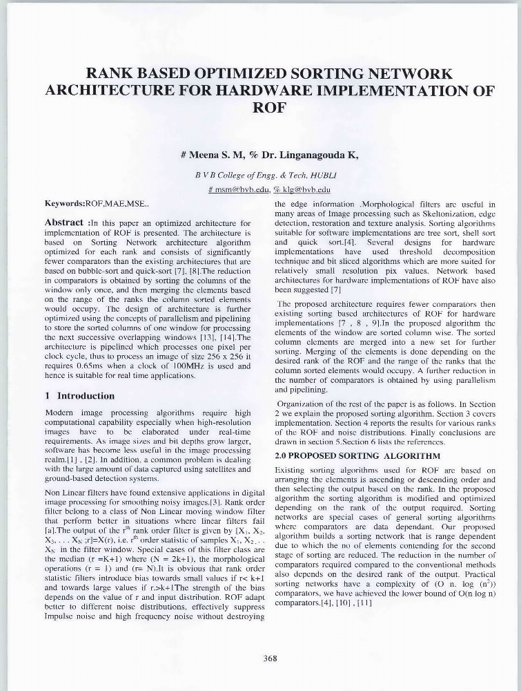 RANK BASED OPTIMIZED SORTING NETWORK ARCHITECTURE FOR HARDWARE ...
