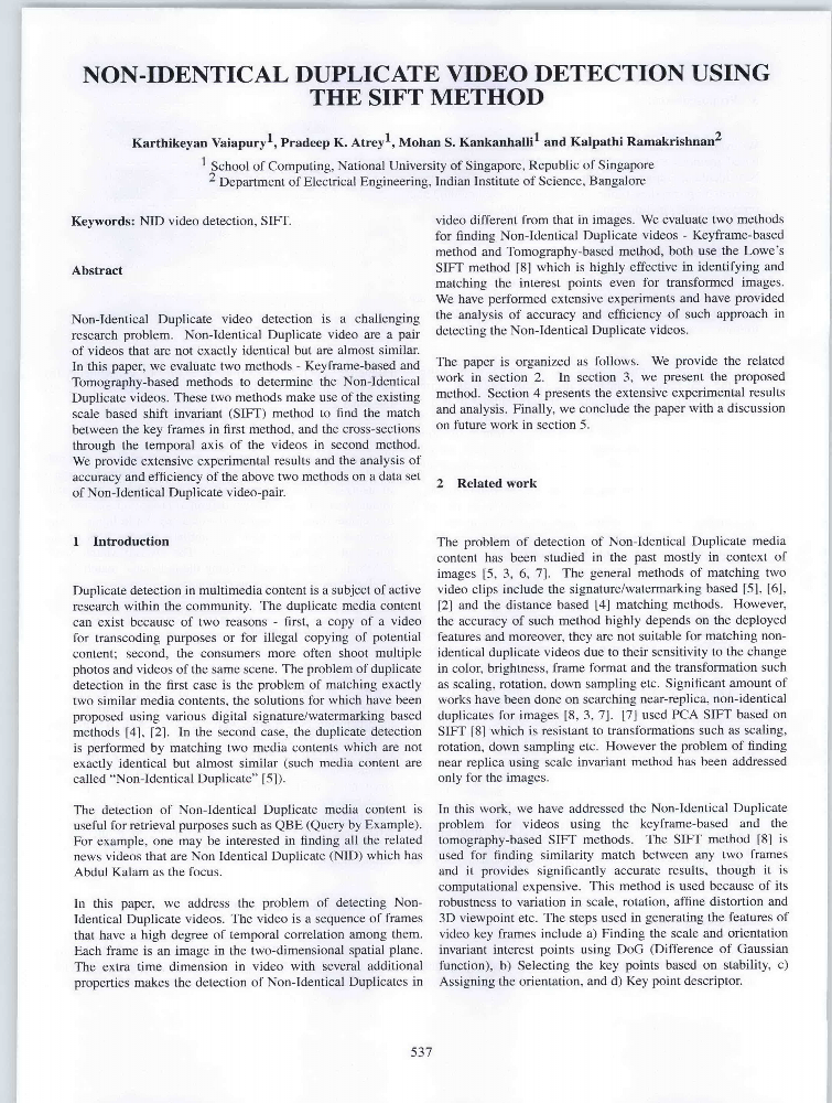 NON-IDENTICAL DUPLICATE VIDEO DETECTION USING THE SIFT METHOD | IET ...