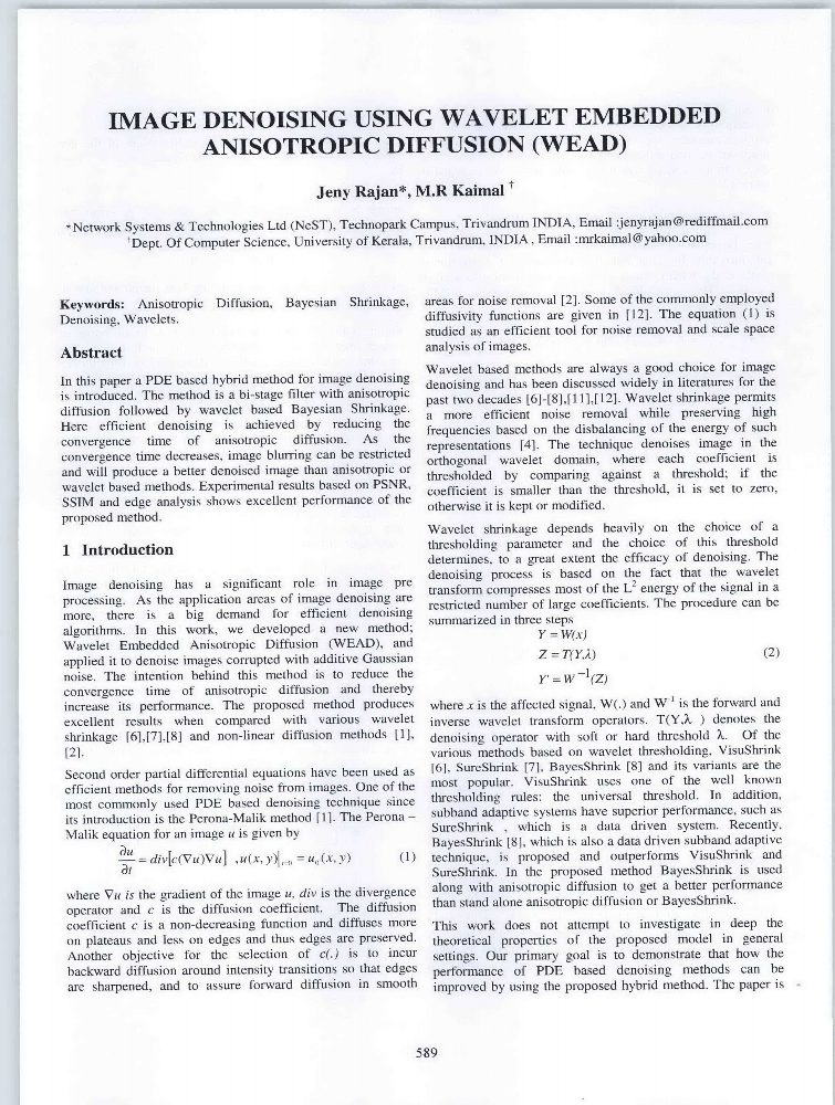 Image Denoising Using Wavelet Embedded Anisotropic Diffusion Wead Iet Conference Publication