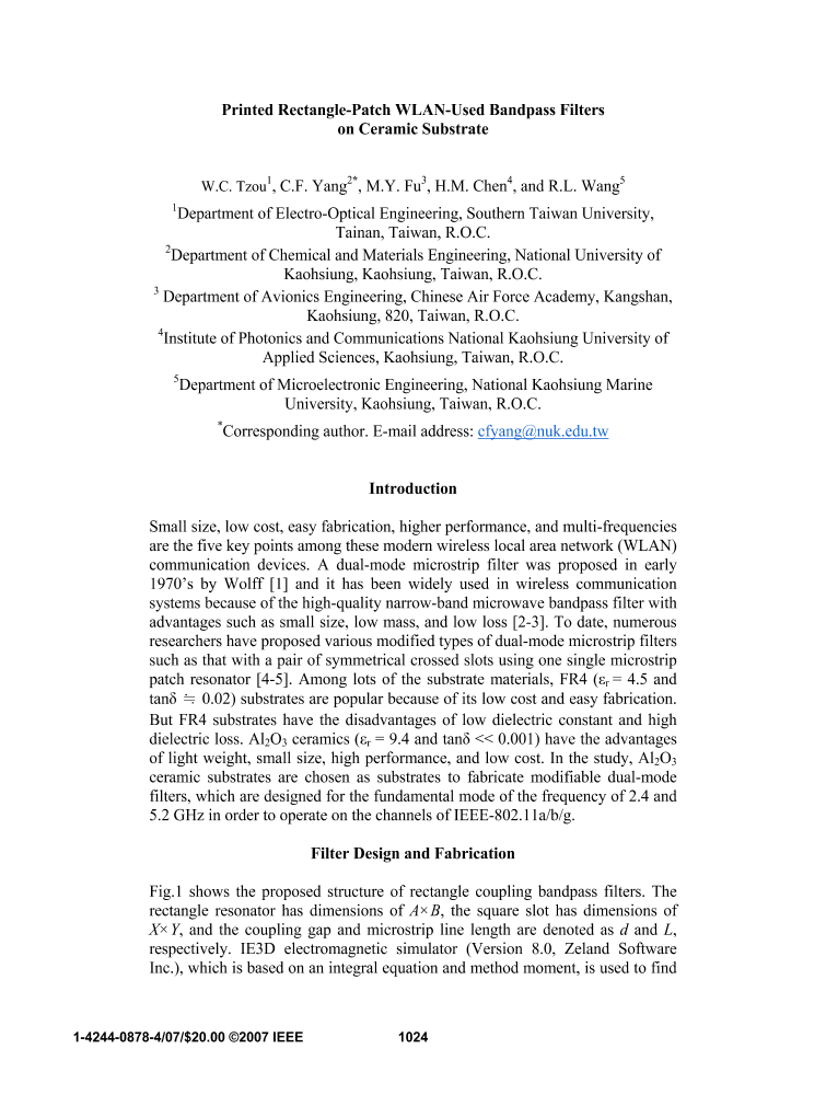 Printed rectangle-patch WLAN-used bandpass filters on ceramic substrate ...