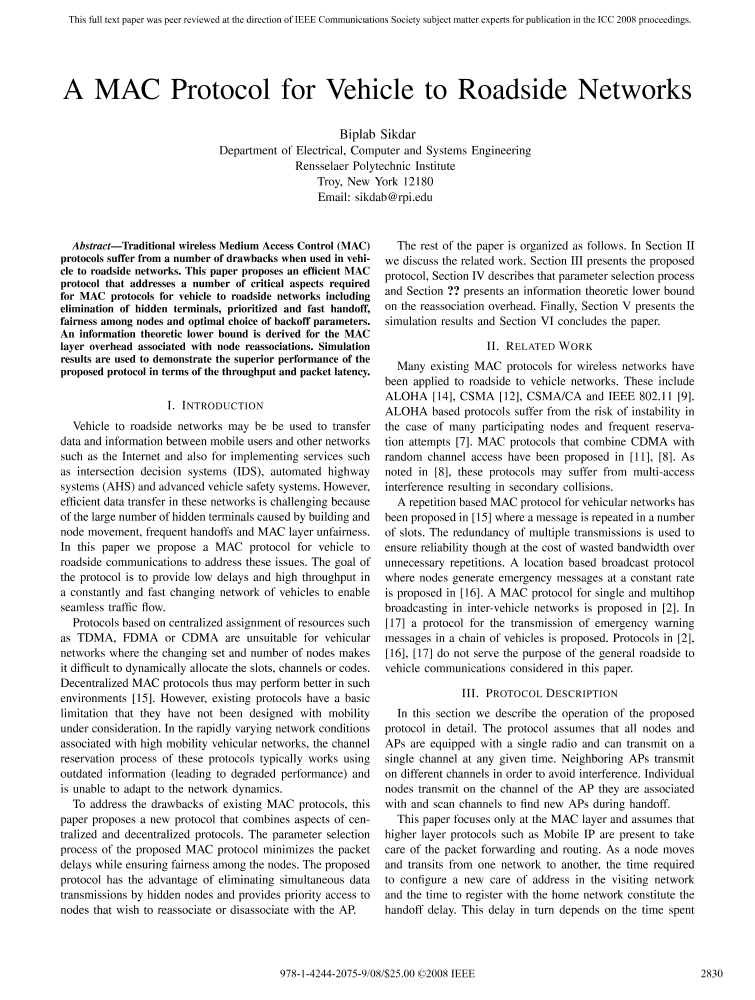 Medium Access Control in Vehicle to Roadside Networks | IEEE Conference ...