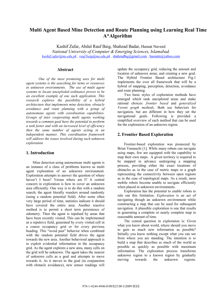 Multi Agent Based Mine Detection And Route Planning Using Learning Real Time Aalgorithm Ieee