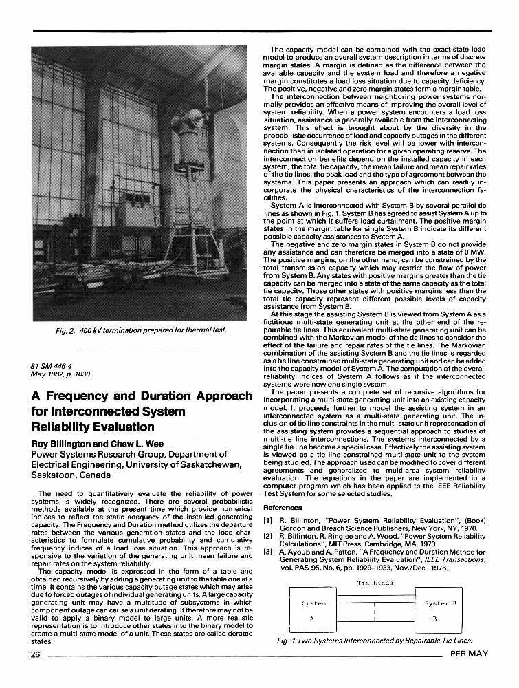 A Frequency And Duration Approach For Interconnected System Reliability Evaluation Ieee