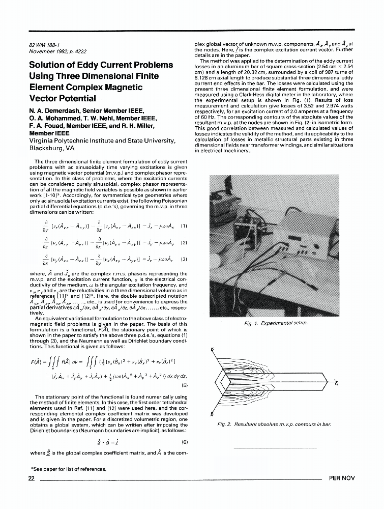 Solution Of Eddy Current Problems Using Three Dimensional Finite Element Complex Magnetic Vector